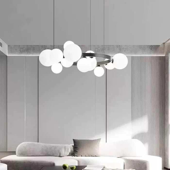 Modern Orbit Globe Chandelier – Black Ring Frame with Frosted Glass Ba ...